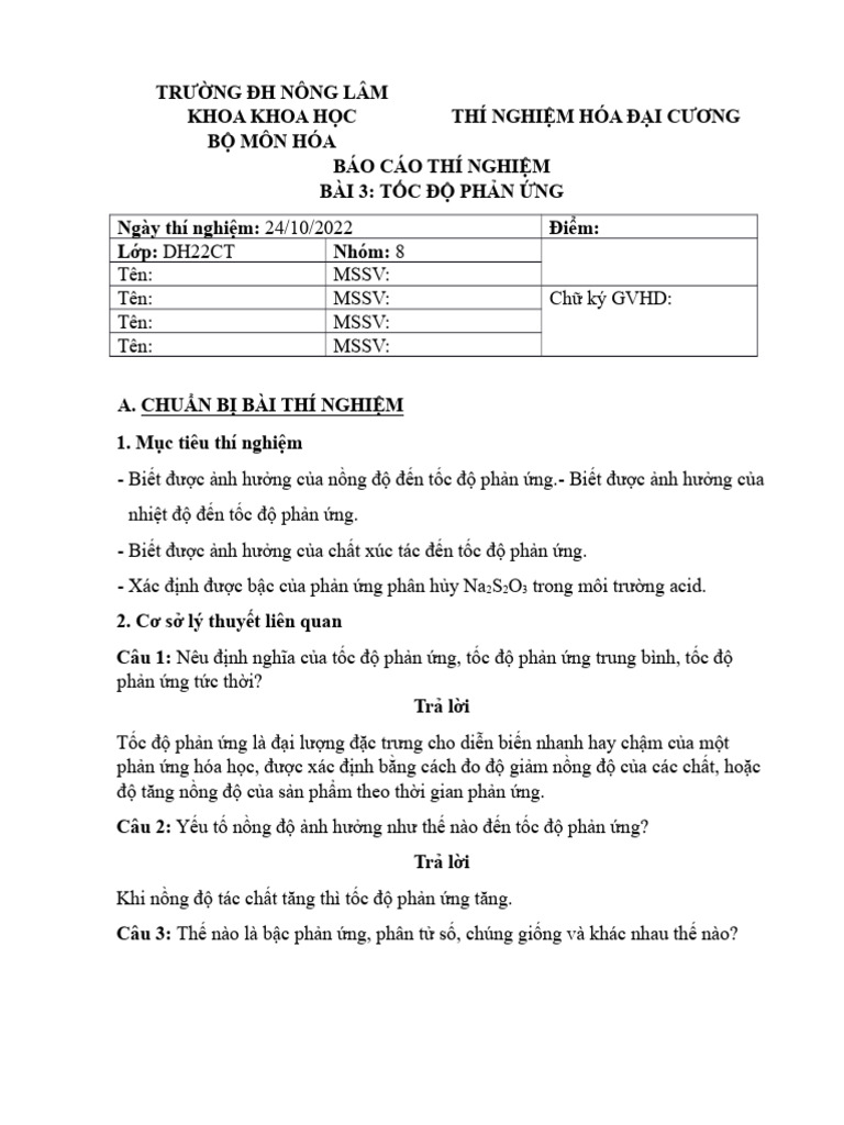Bao Cao Thi Nghiem Bai 3 Toc Do Phan Ung 1179 | PDF