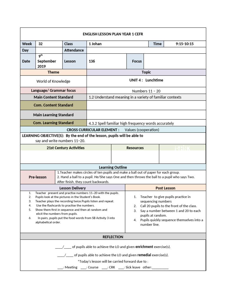 Update Y1 Lesson Plan Week 32 | PDF | Lesson Plan | Vocabulary