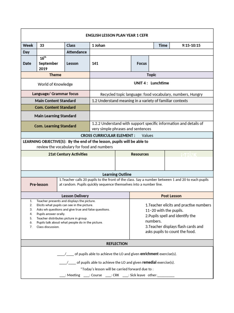 Update Y1 Lesson Plan Week 33 | PDF | Vocabulary | Lesson Plan