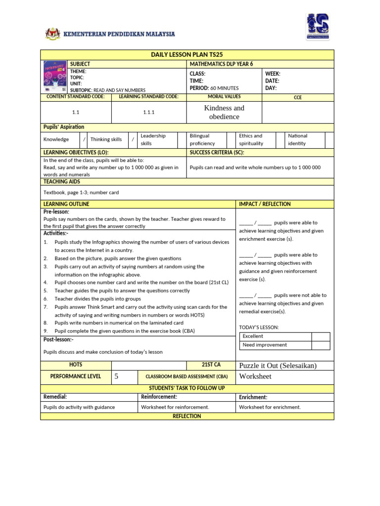 MT DLP Y6 TS25 (Topic 1) | PDF | Lesson Plan | Teachers