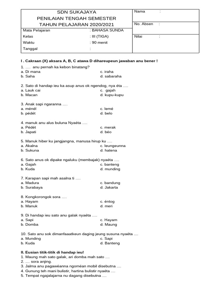 Soal Latihan UTS B. Sunda Kelas 3 Semester 2 - Genap | PDF