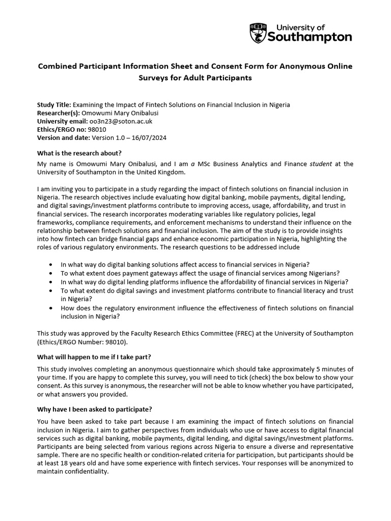 Combined PIS and Consent Form For Anonymous Online Surveys - PDF ...