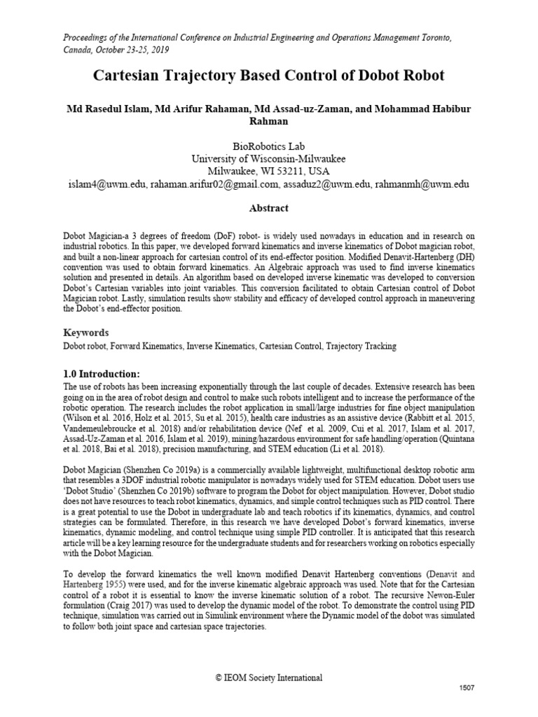 Cartesian Control of Dobot Magician | PDF | Kinematics | Physics