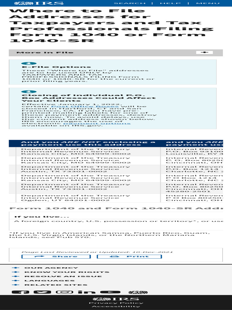 Tax Filing Addresses for 1040 Forms | PDF | Internal Revenue Service ...