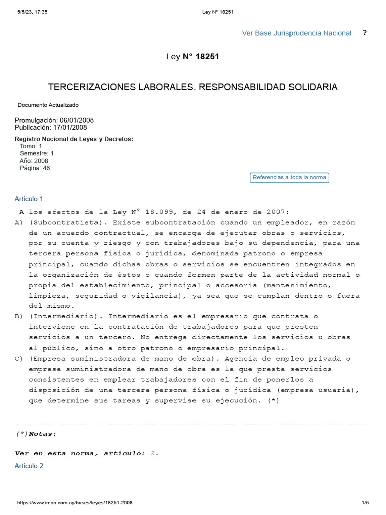 Ley 18251: Tercerizaciones Laborales | PDF | Derecho laboral | Outsourcing