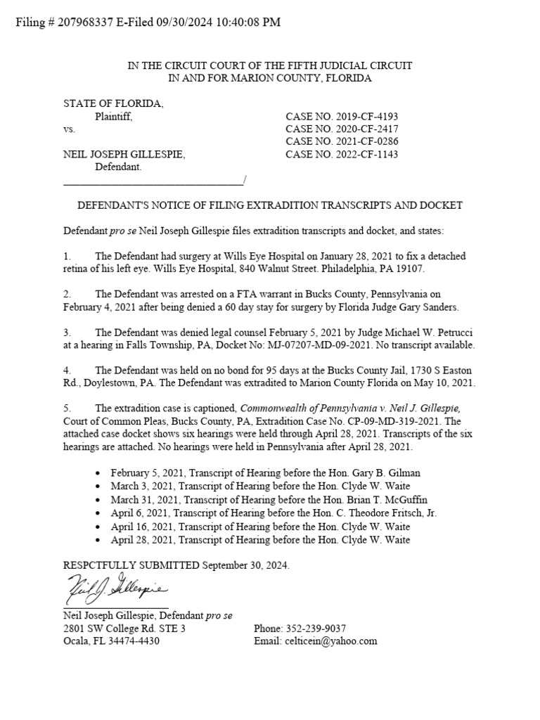 Defendant's Notice of Filing Extradition Transcripts and Docket | PDF ...