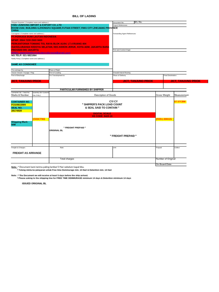 DRAFT BL For Container 21th August, 2024-20240821 (210824) | PDF ...
