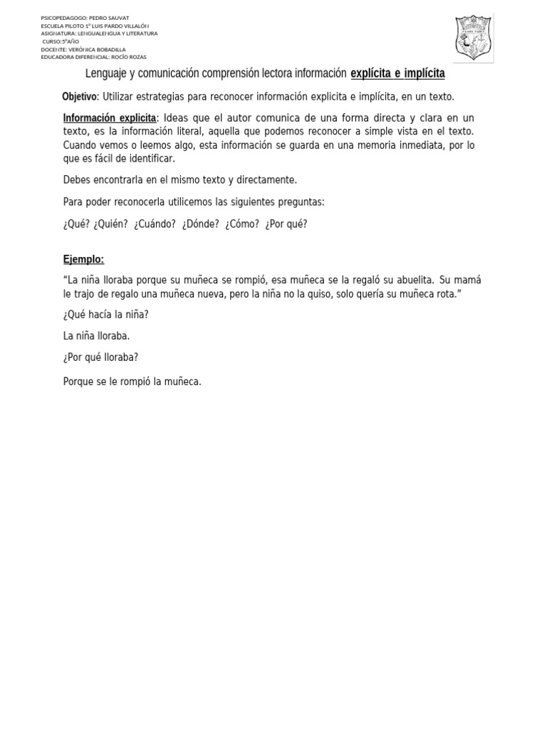GUÍA 5° Y 6° AÑO .-Información-Explícita-e-Implícita | PDF | Cognición ...