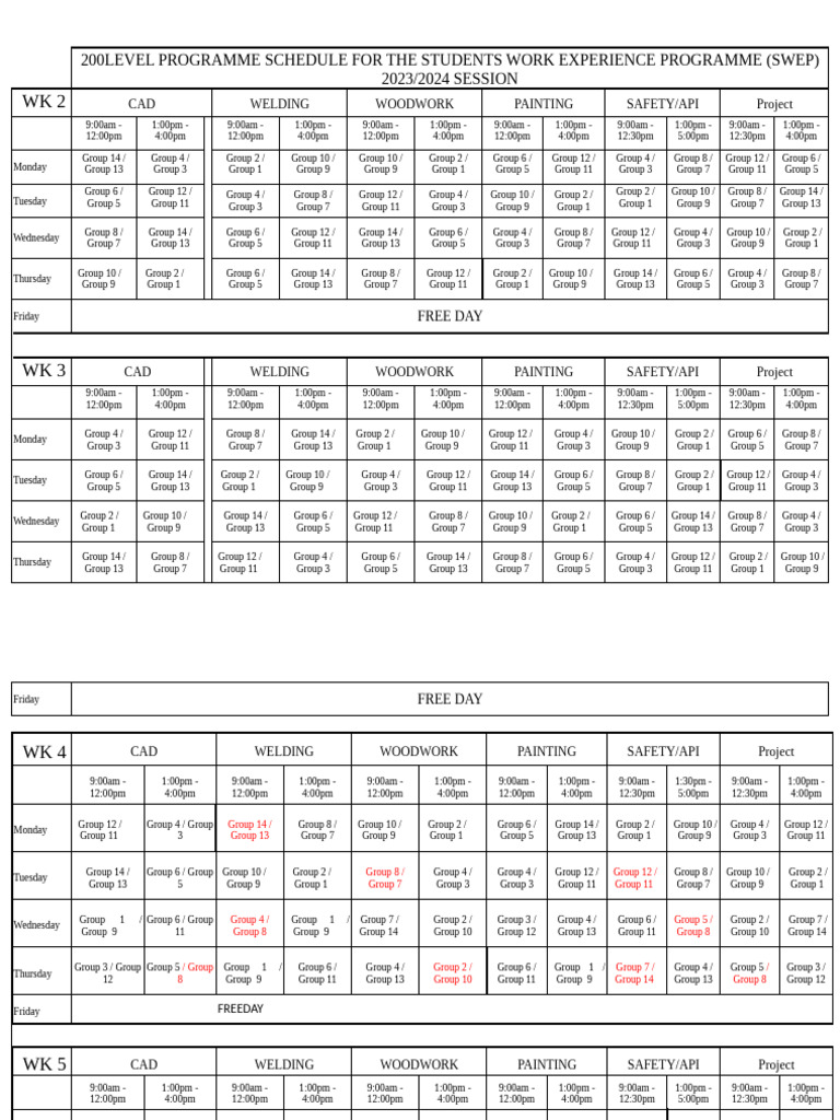 2023/2024 SWEP 200-Level Schedule | PDF