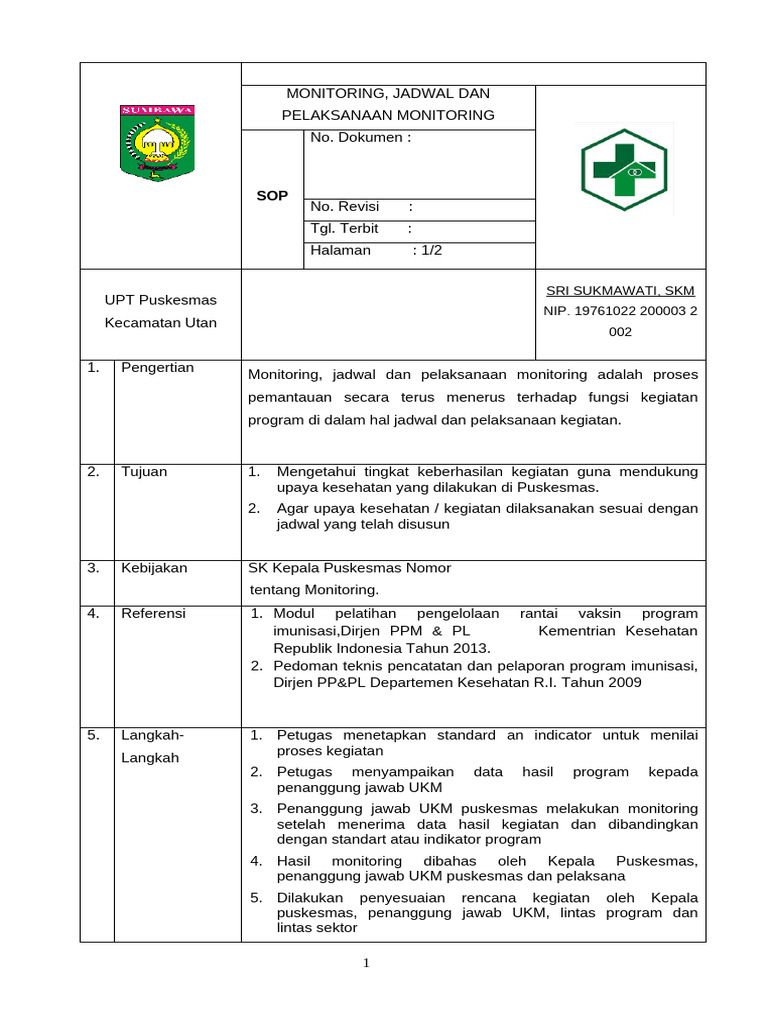 SOP MONITORING DAN JADWAL MONOTORING | PDF