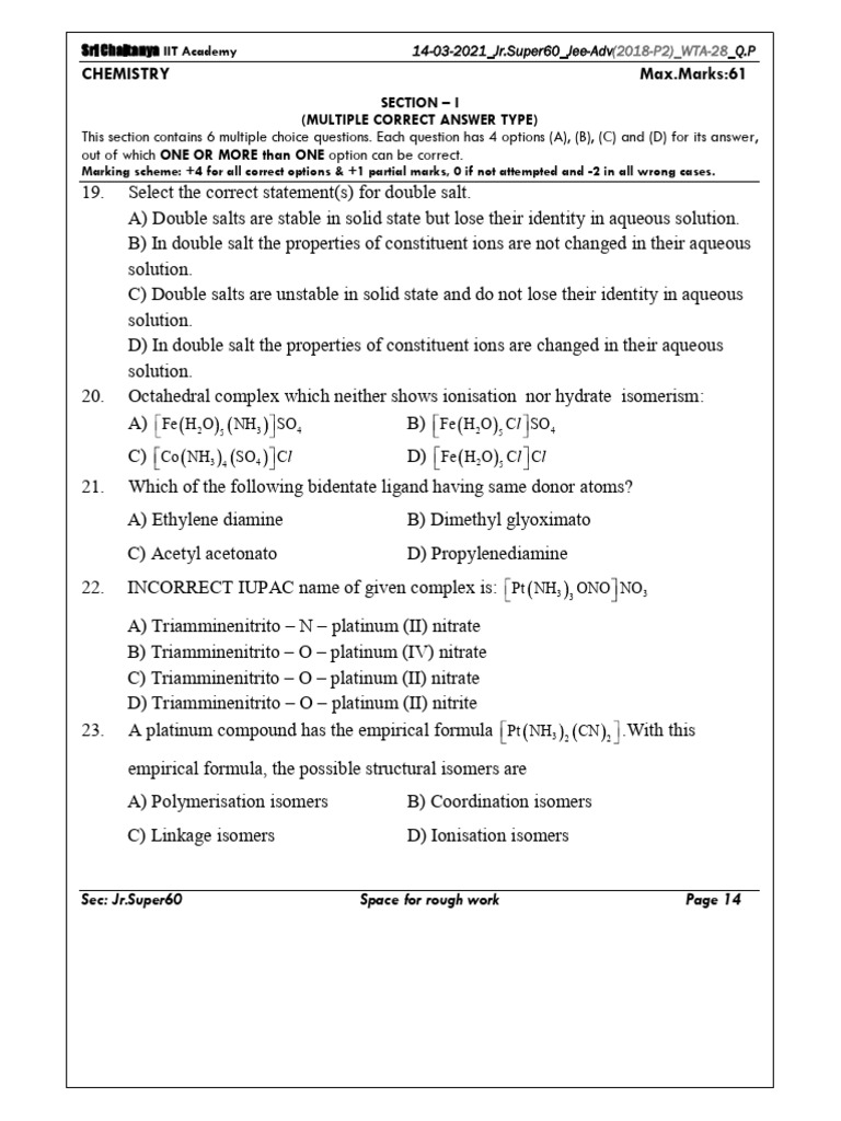 CLASS 12 (Warriors) COORDINATION COMPOUNDS Advanced | PDF ...