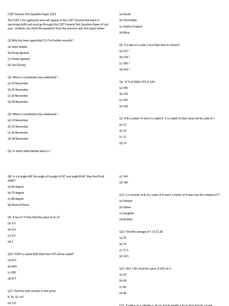 CUET General Test Question Paper 2023 | PDF | Stuttering