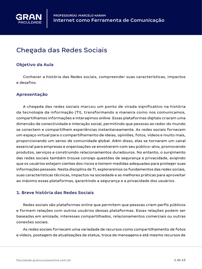 Apostila - Chegada Das Redes Sociais | PDF | Rede de computadores ...