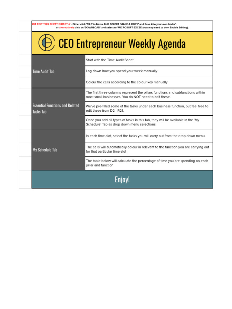 CEO Entrepreneur Weekly Agenda-1 | PDF | Marketing | Business