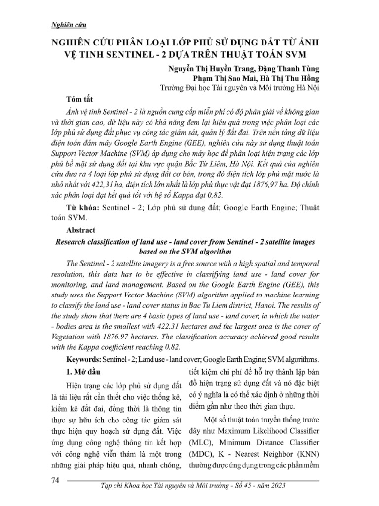 Xem 08. Nghiên Cứu Phân Loại Lớp Phủ Sử... h Sentinel - 2 Dựa Trên Thuật Toán Svm | PDF