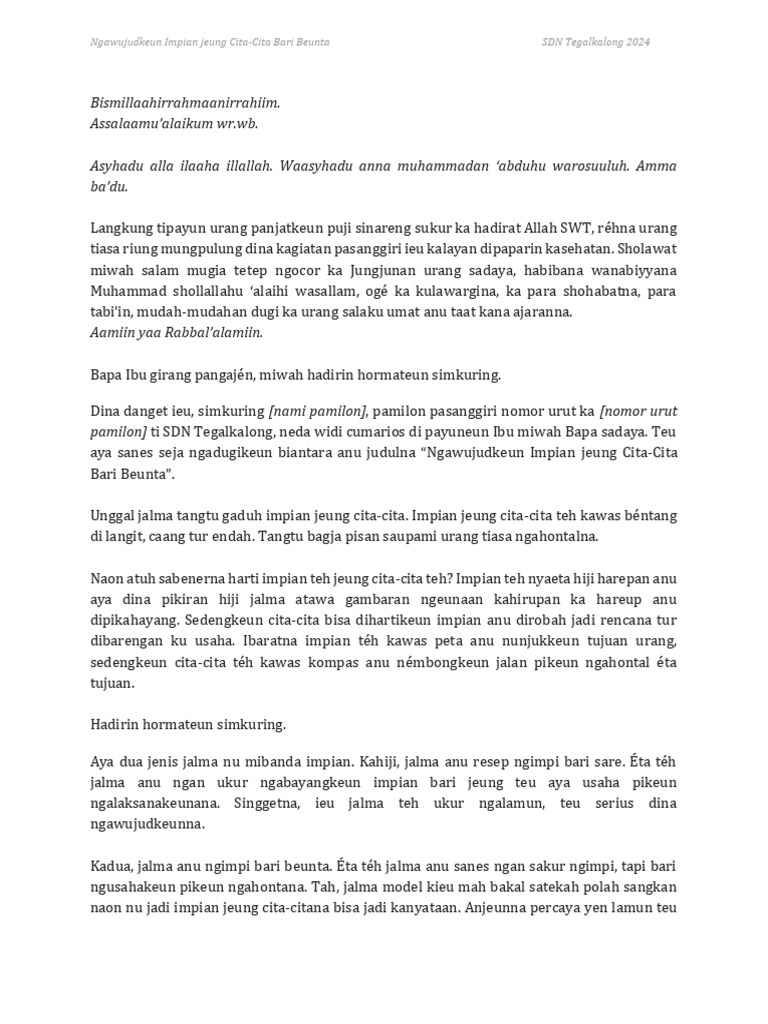 Teks Biantara - Ngawujudkeun Impian Bari Beunta | PDF