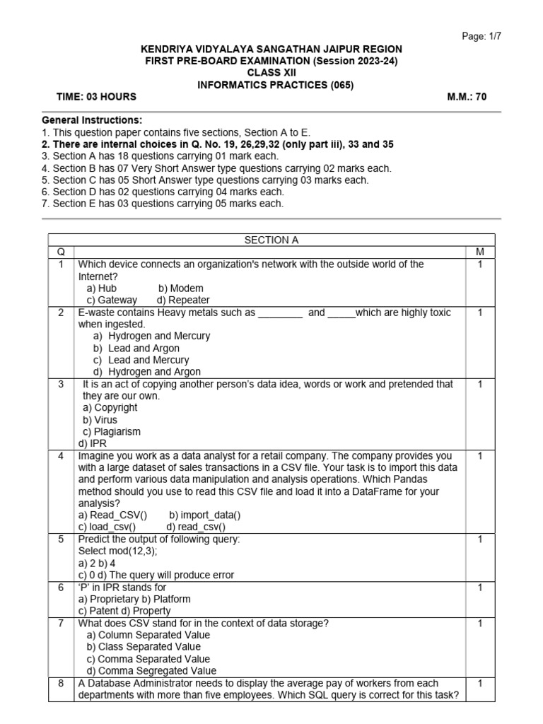 Info Pract Xii QP PB 1 Set 2 | PDF | Computer Network | Table (Database)
