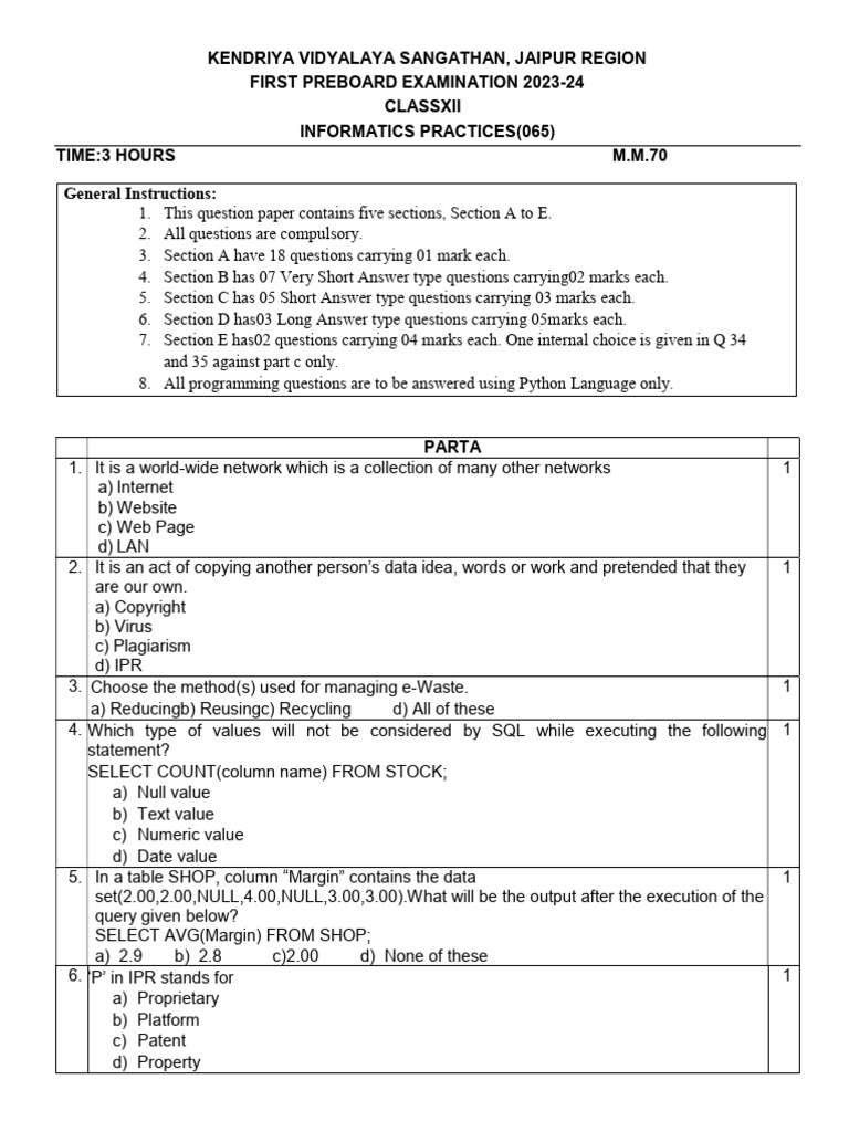 Info Pract Xii QP PB 1 Set 3 | PDF | Function (Mathematics) | Computing