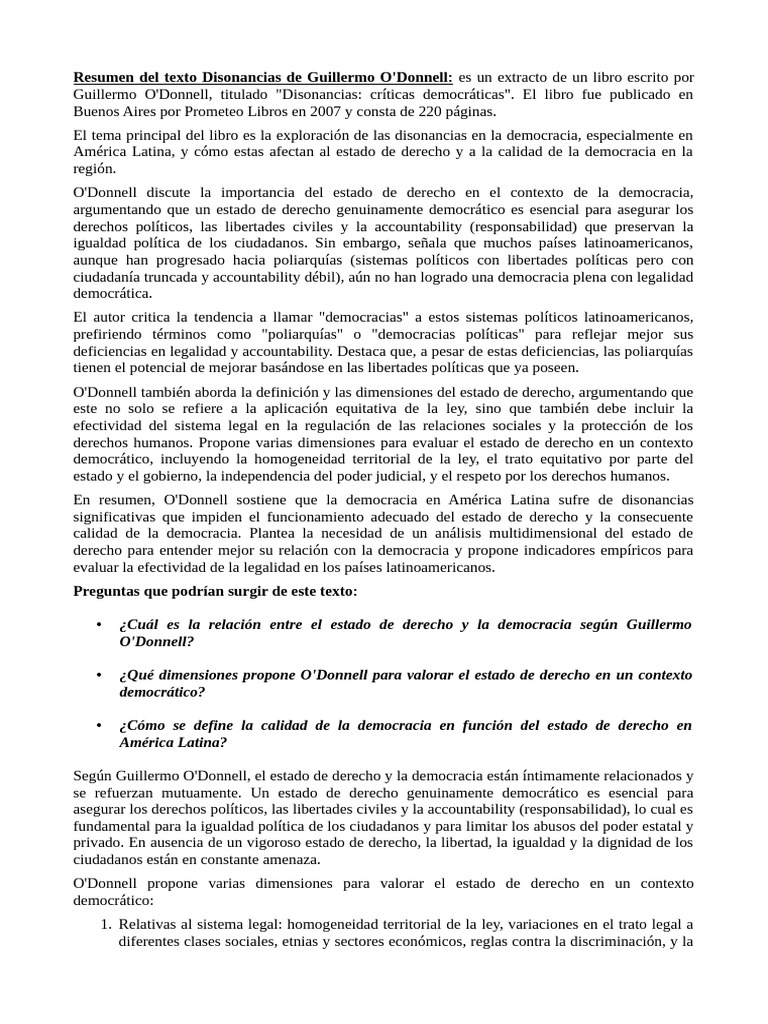 Resumen Del Texto de Odonnell Disonancias | PDF | Estado (política) | Democracia