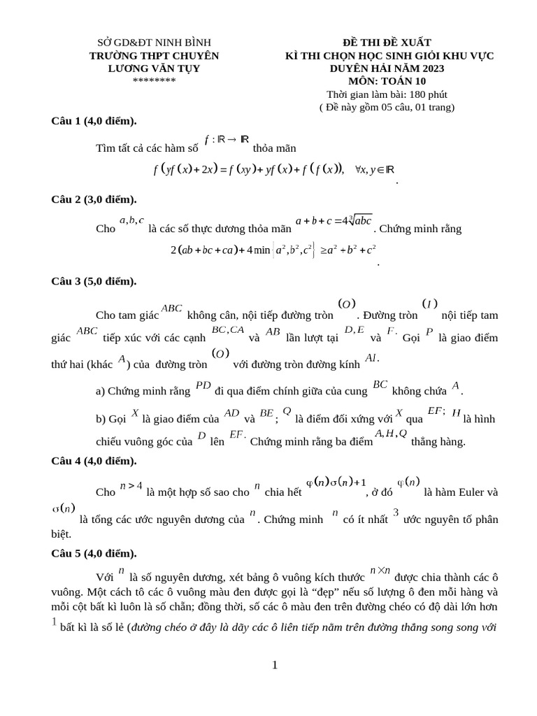 Đề Đề Xuất DHBB 2023 - Toán 10 Chuyên Lương Văn Tụy - Ninh Bình | PDF