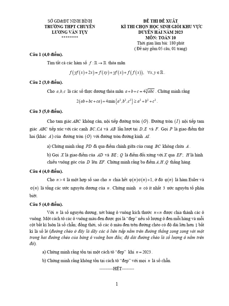 Đề Đề Xuất DHBB 2023 - Toán 10 Chuyên Lương Văn Tụy - Ninh Bình | PDF