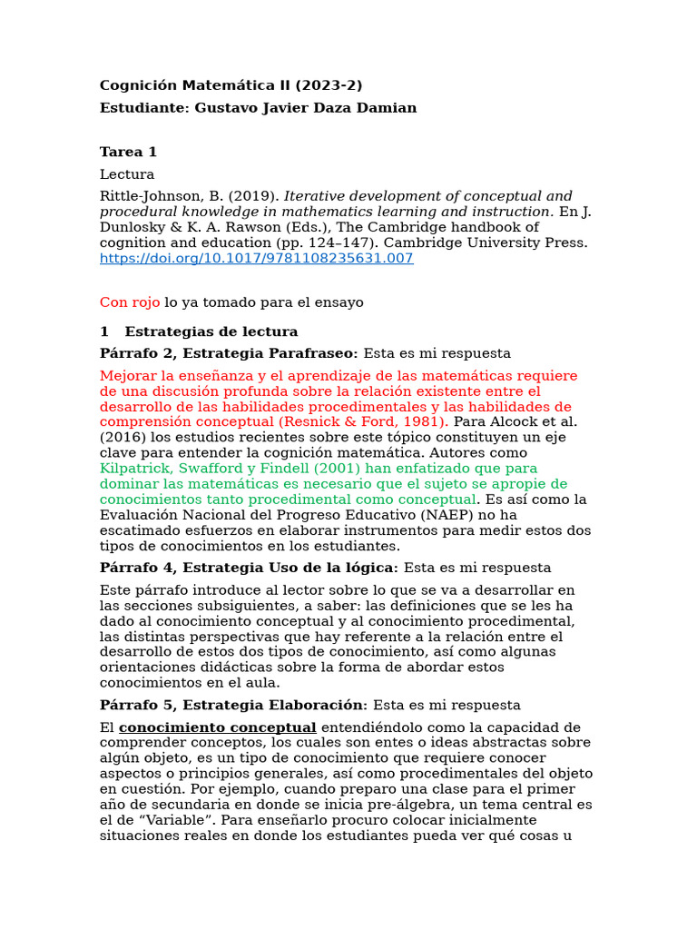 Tarea 1 - Lectura Rittle-Johnson, B. (2019) - Gus Daza | PDF | Conocimiento | Aprendizaje