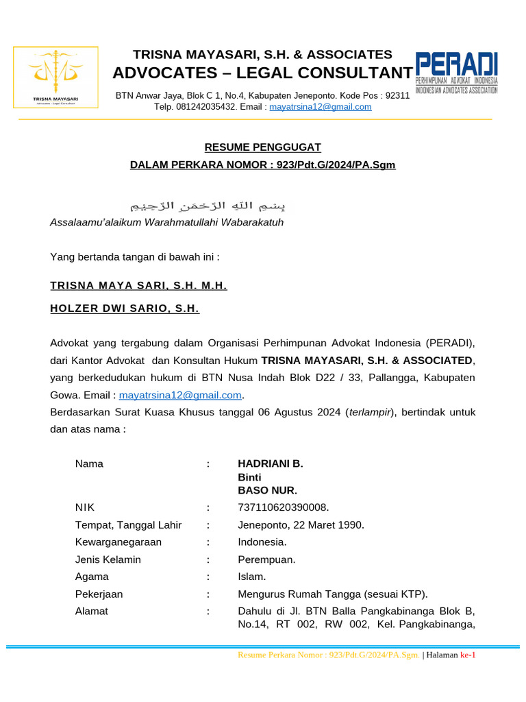 Resume Mediasi Perceraian Hadriani B. | PDF