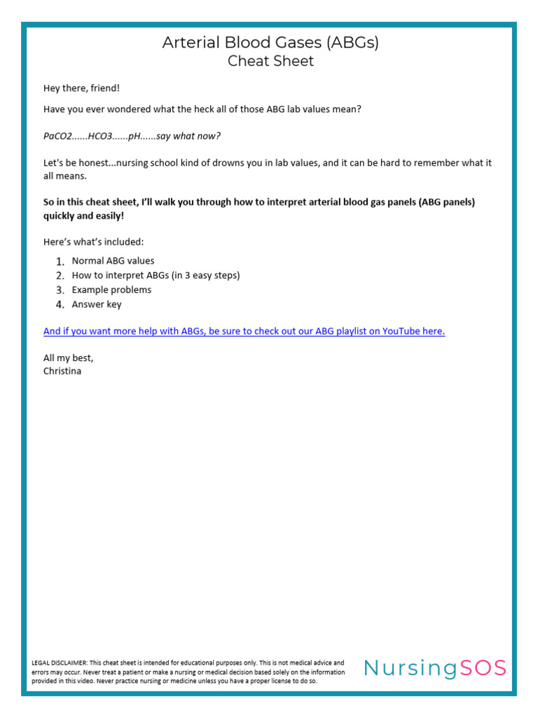 Arterial Blood Gases ABGs Cheat Sheet | PDF | Medical Specialties ...