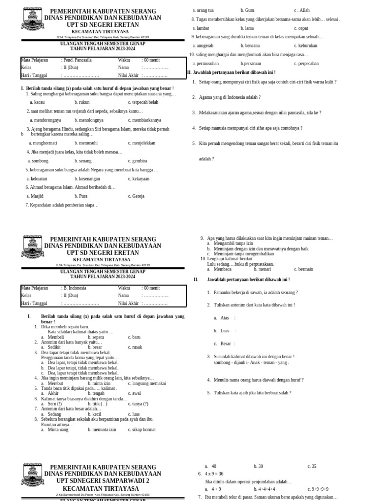 SOAL UTS Genap KELAS 2 IKM 2023-2024 SDN Samparwadi 2 | PDF