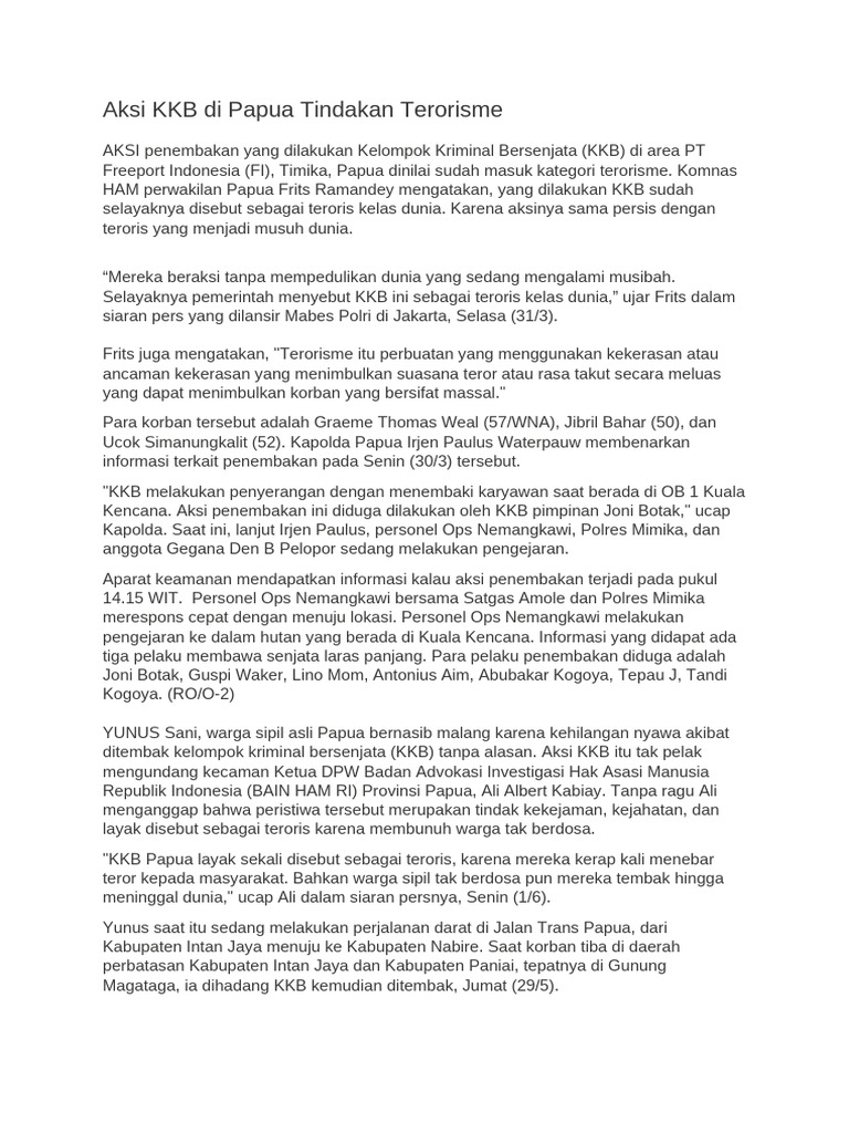Aksi KKB Di Papua Tindakan Terorisme | PDF | Fiksi Misteri, Thriller, & Kejahatan