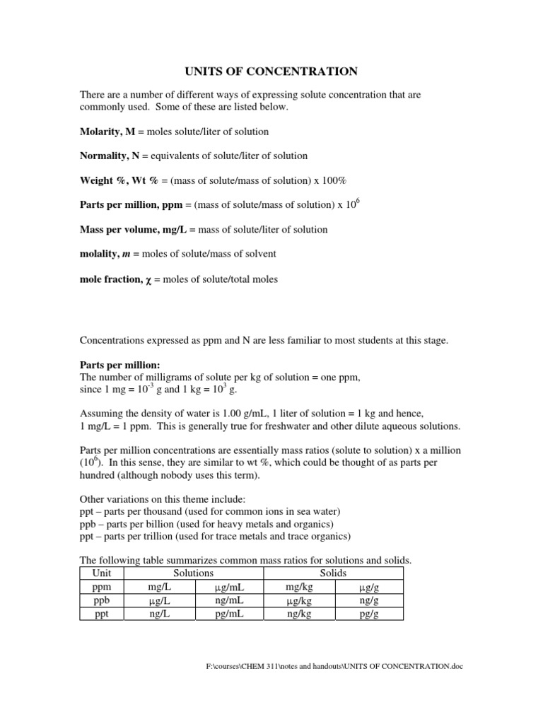 Units of Concentration | PDF | Parts Per Notation | Solution