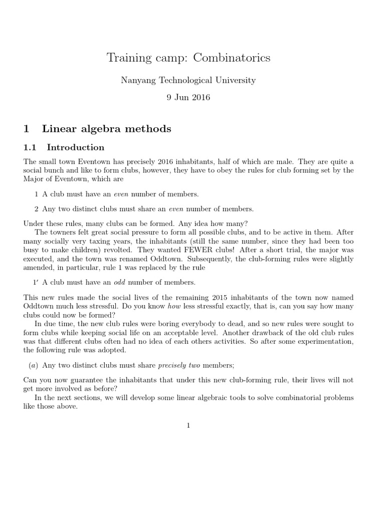 Combinatorics & Linear Algebra Training | PDF | Linear Subspace | Abstract Algebra