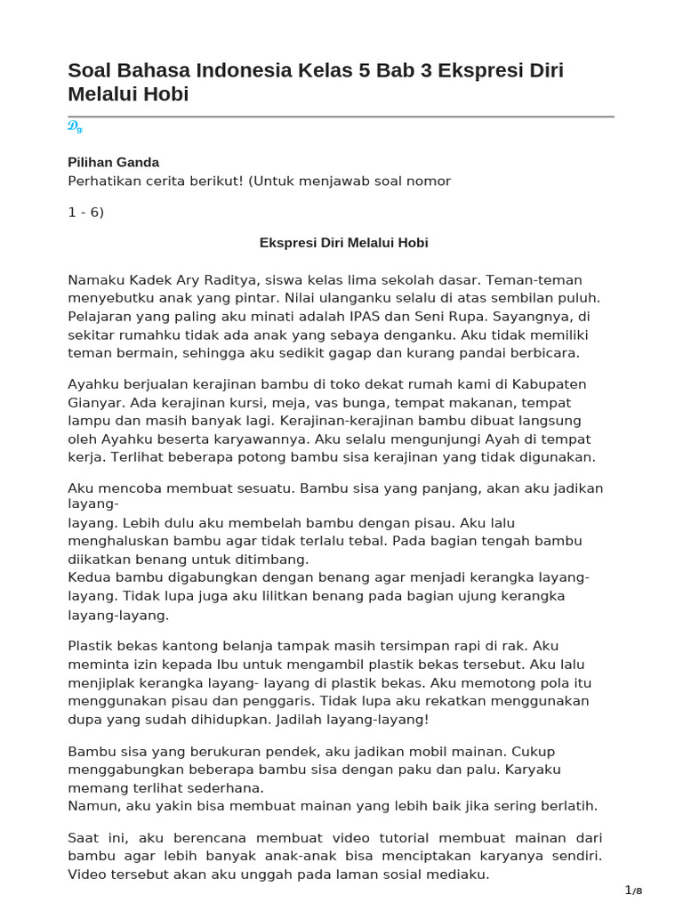 Soal Bahasa Indonesia Kelas 5 Bab 3 Ekspresi Diri Melalui Hobi | PDF