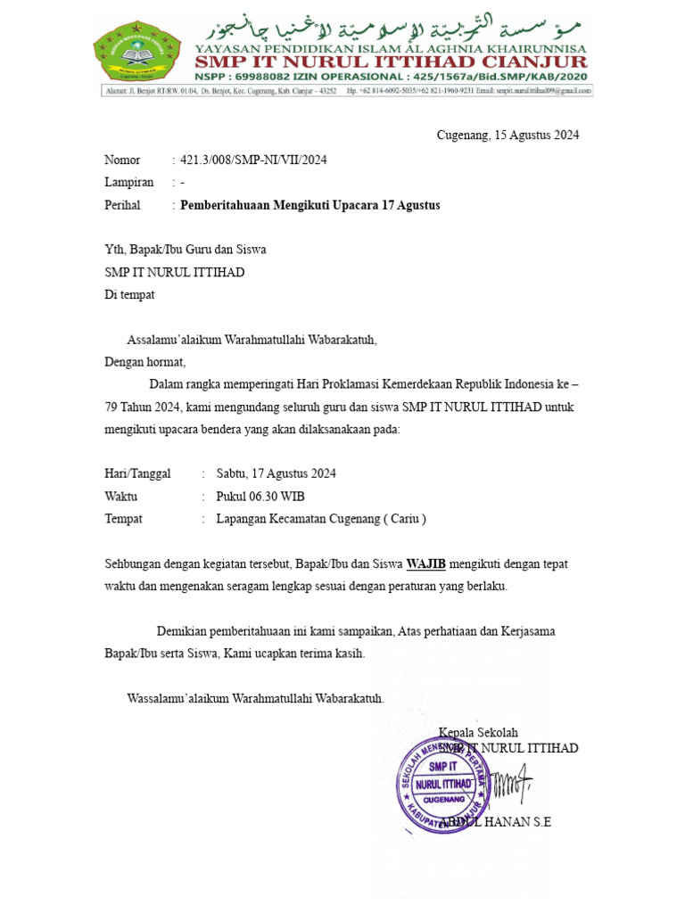 Surat Pemberitahuaan SMP Nuri 008 | PDF