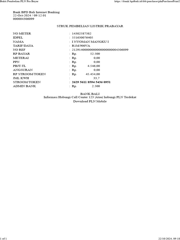 Bukti Pembelian PLN Pra Bayar OKT | PDF