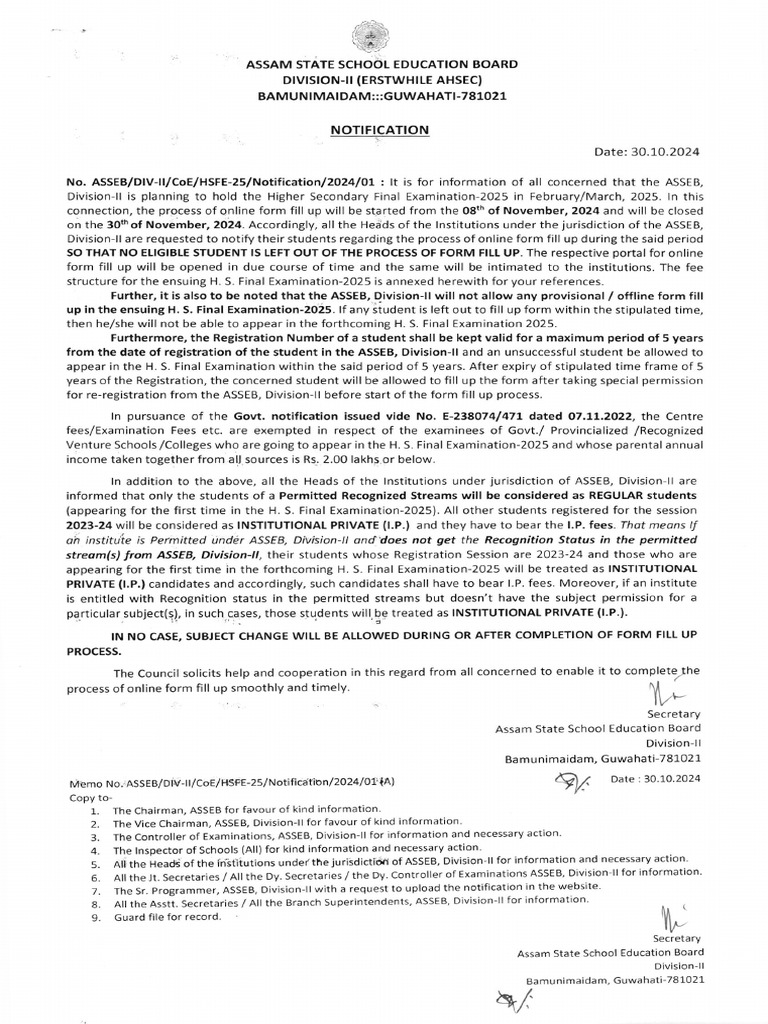 Notification Regarding Online Form Fill-Up For H. S. Final Examination ...