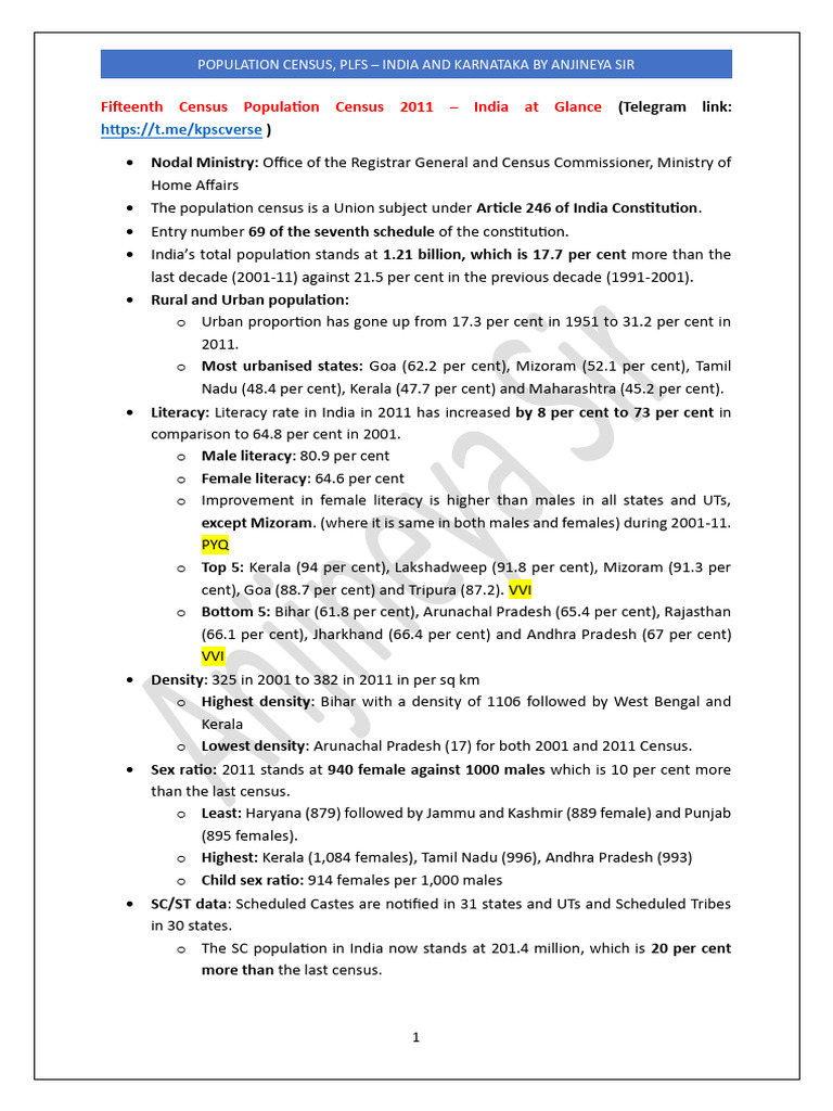 Population Census - 2011pdf For KAS Prelims VVI | PDF | Unemployment | Bangalore