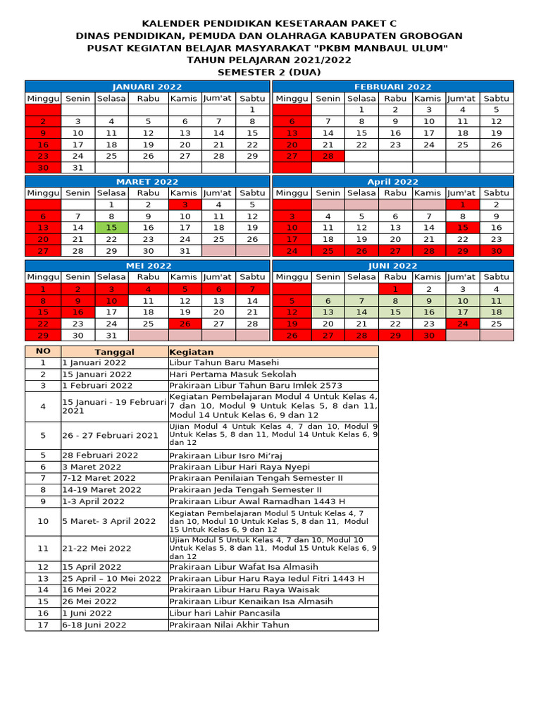 Kalender Pendidikan PKBM 2021 2022 1 | PDF