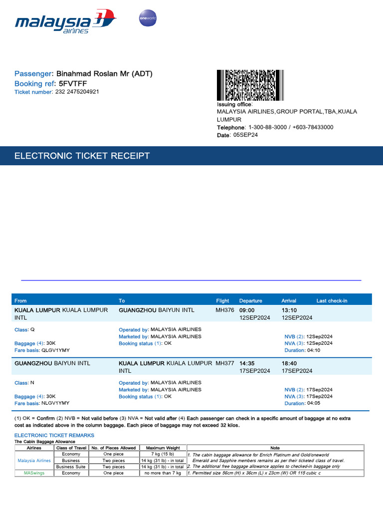 Your Electronic Ticket-EMD Receipt (ROSLAN) | PDF | Aviation | Civil ...