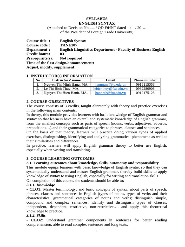 English Syntax - Course Introduction | PDF | English Grammar | English Language