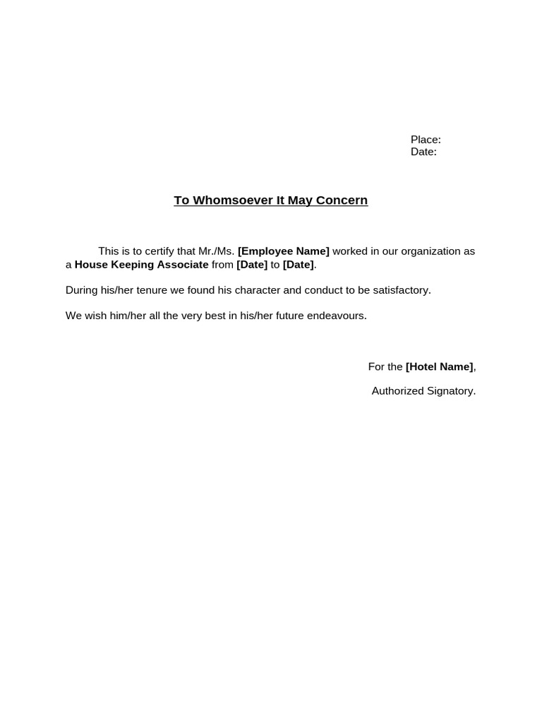 Housekeeping Experience Certificate Template | PDF