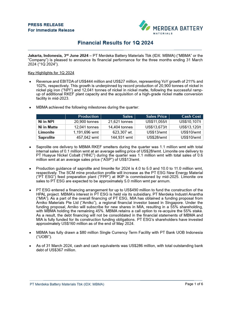 Emiten Mbma Press Release | PDF | Debt | Revenue