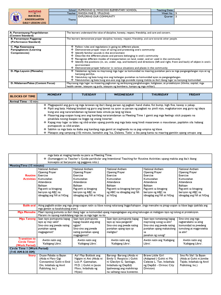 Kindergarten-DLL-Matatag-Q2 Week 5 | PDF