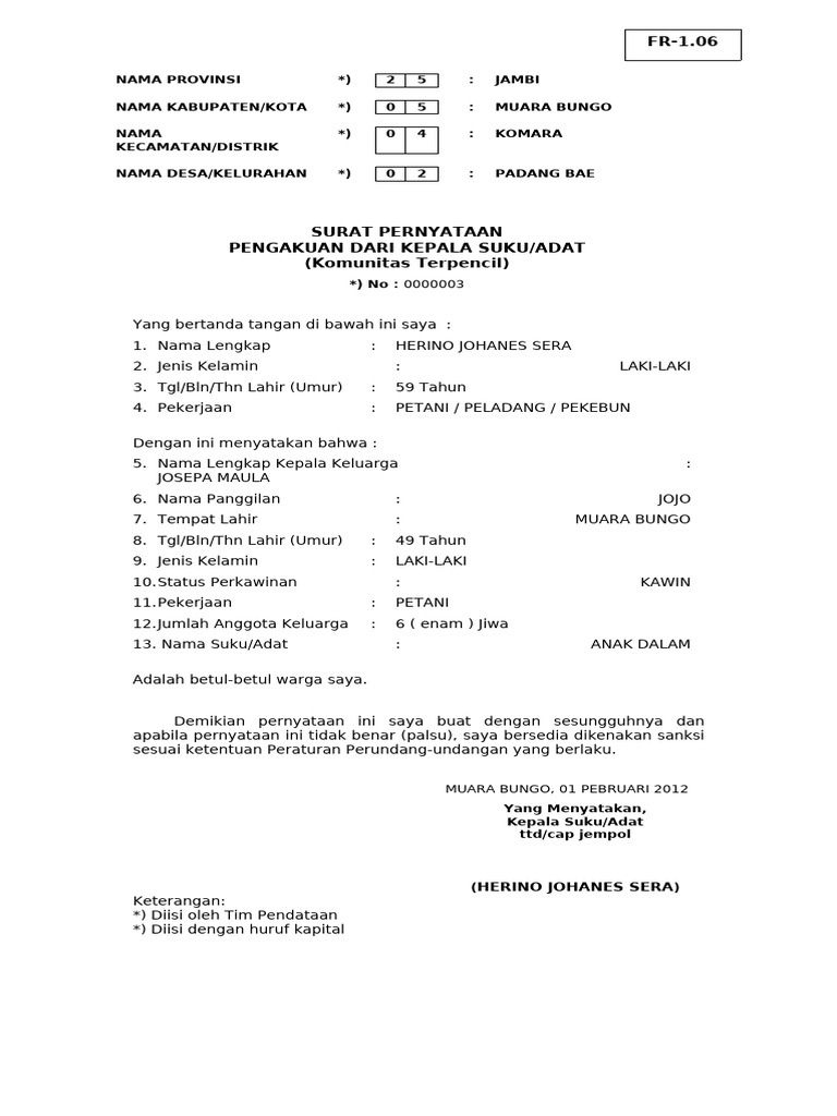 Surat Pernyataan Kepala Suku Anak Dalam | PDF