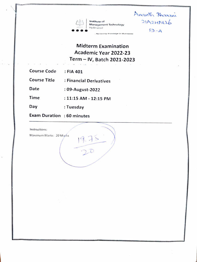 FD Mid Term QP - 2022-23 | PDF | Futures Contract | Option (Finance)