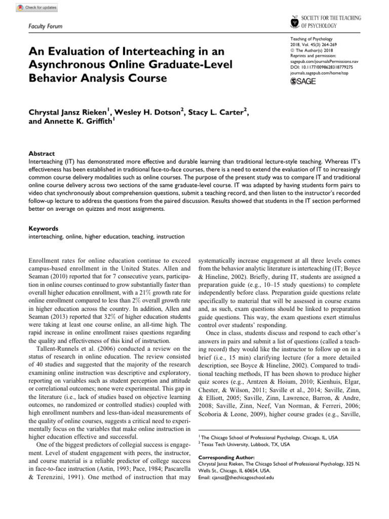 An Evaluation of Interteaching in An Asynchronous Online Graduate-Level Behavior Analysis Course ...