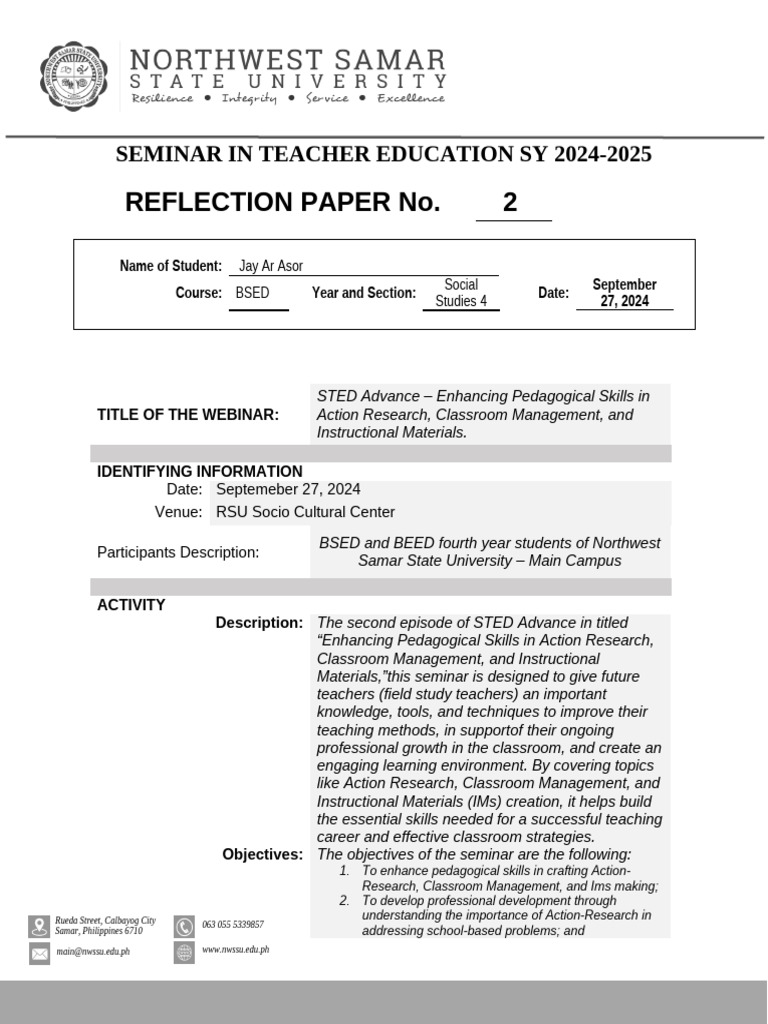 Episode 2 - Sted Reflection | PDF | Classroom Management | Teachers