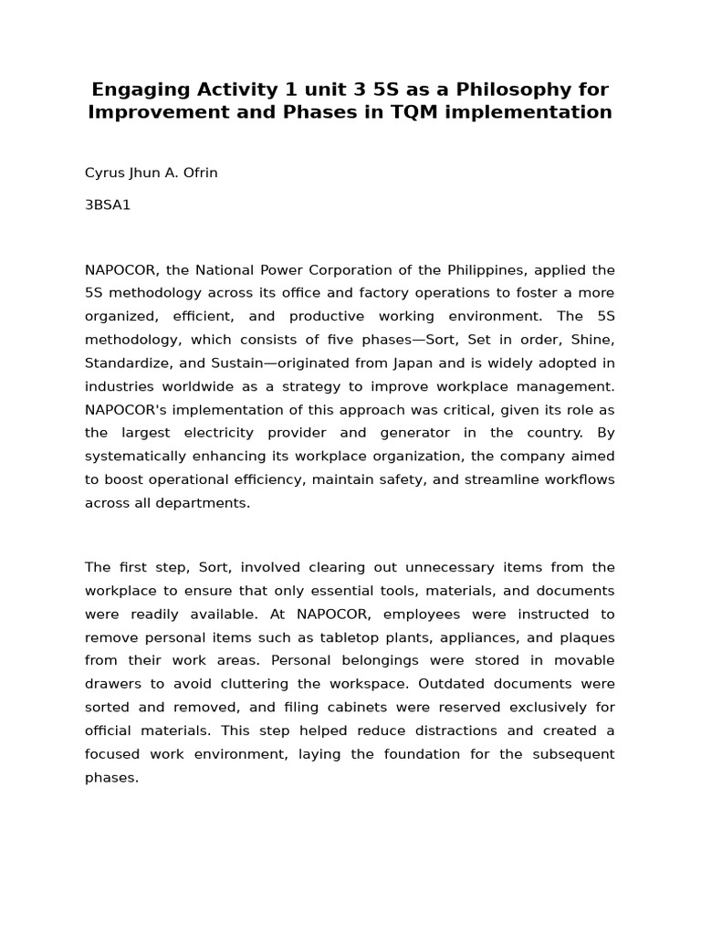 Yrus Jhun Ofrin Engaging Activity 1 Unit 3 5s As A Philosophy For Improvement And Phases In