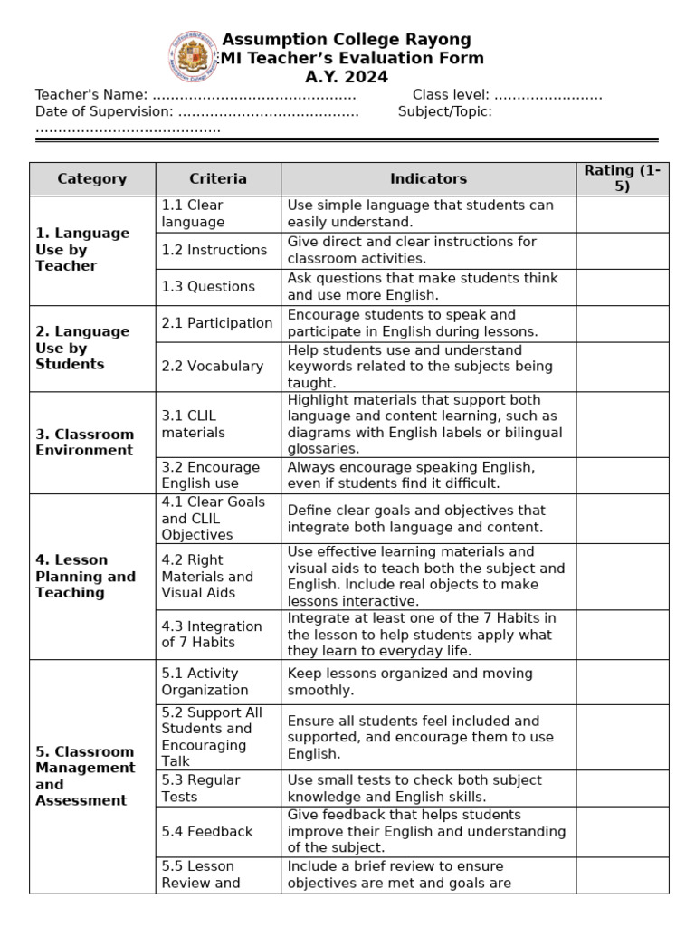 EMI Teacher Evaluation Form 2024 | PDF | English Language | Teachers