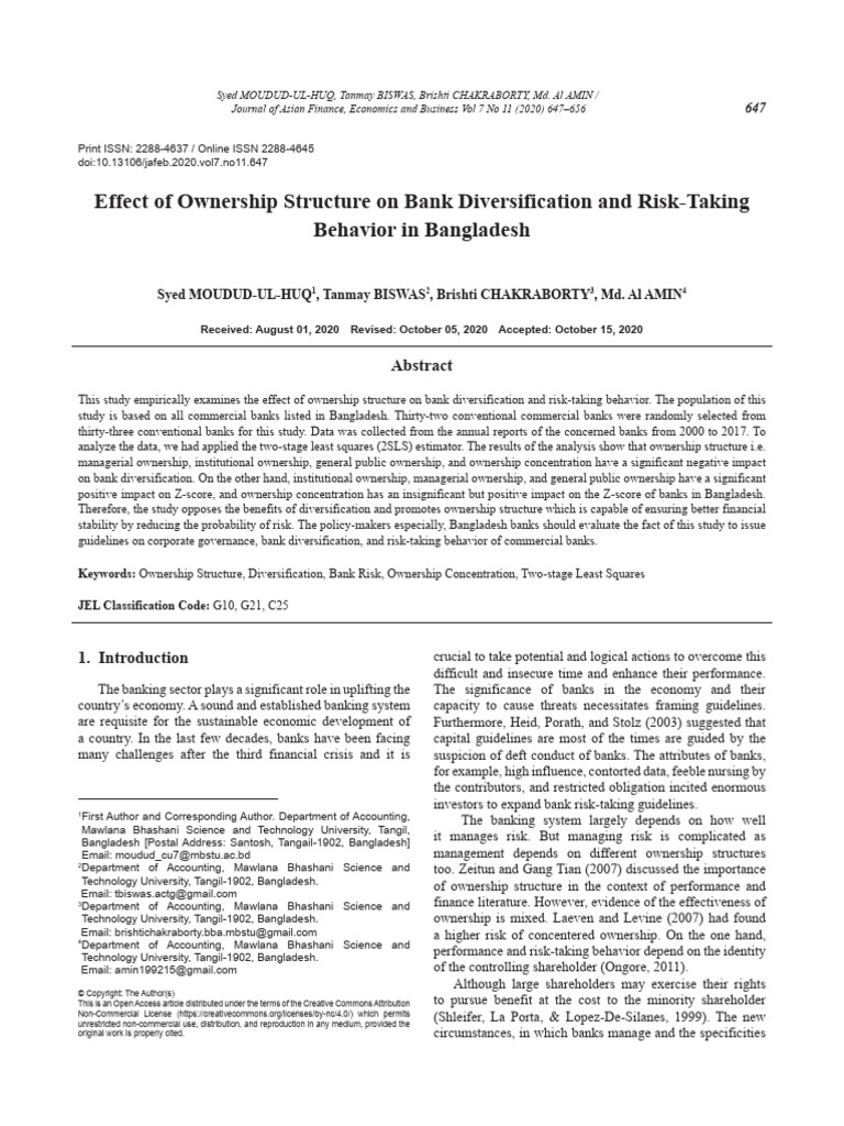 Effect Of Ownership Structure On Bank Diversification And Risk Taking